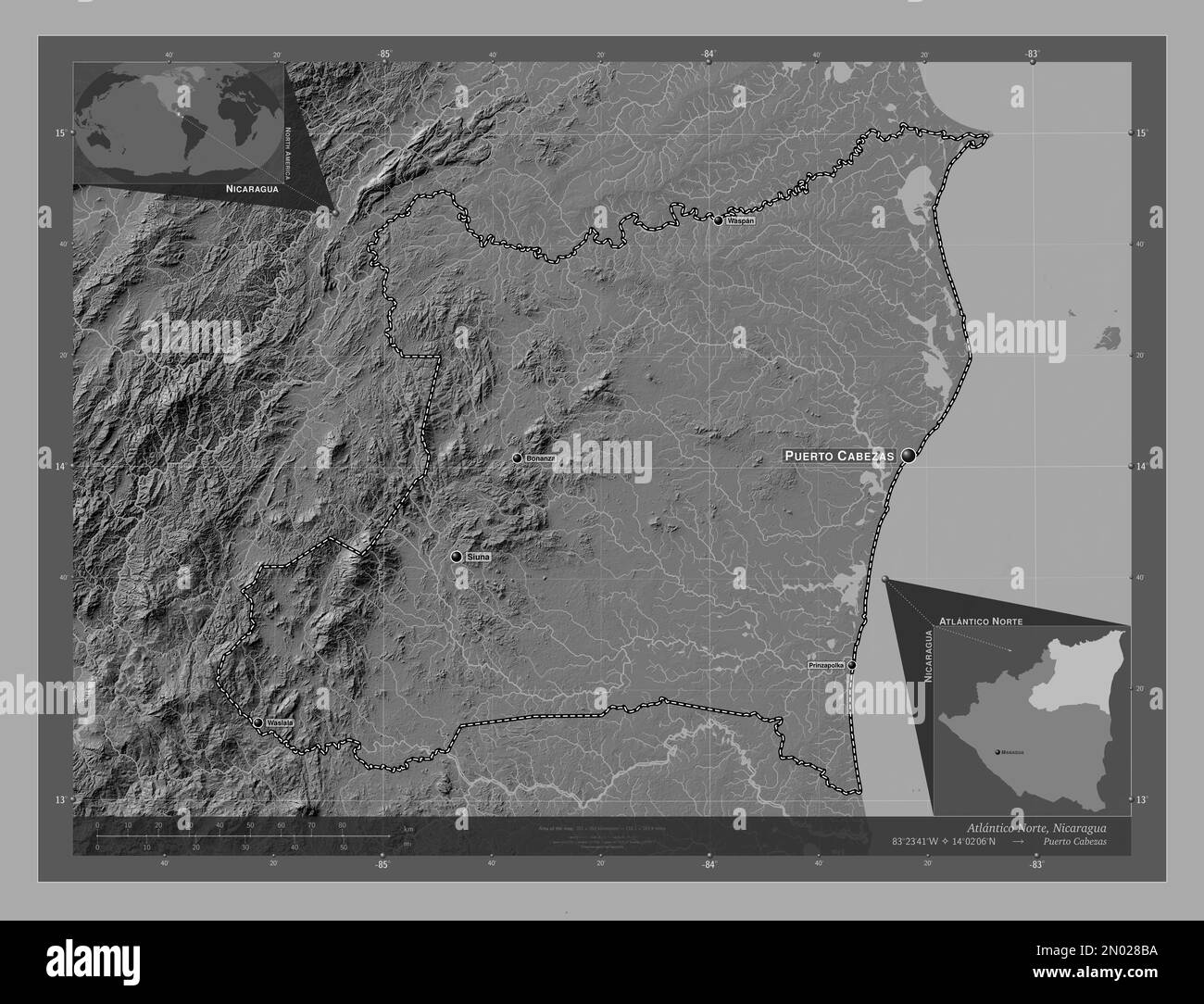 Atlantico Norte, autonomous region of Nicaragua. Bilevel elevation map ...