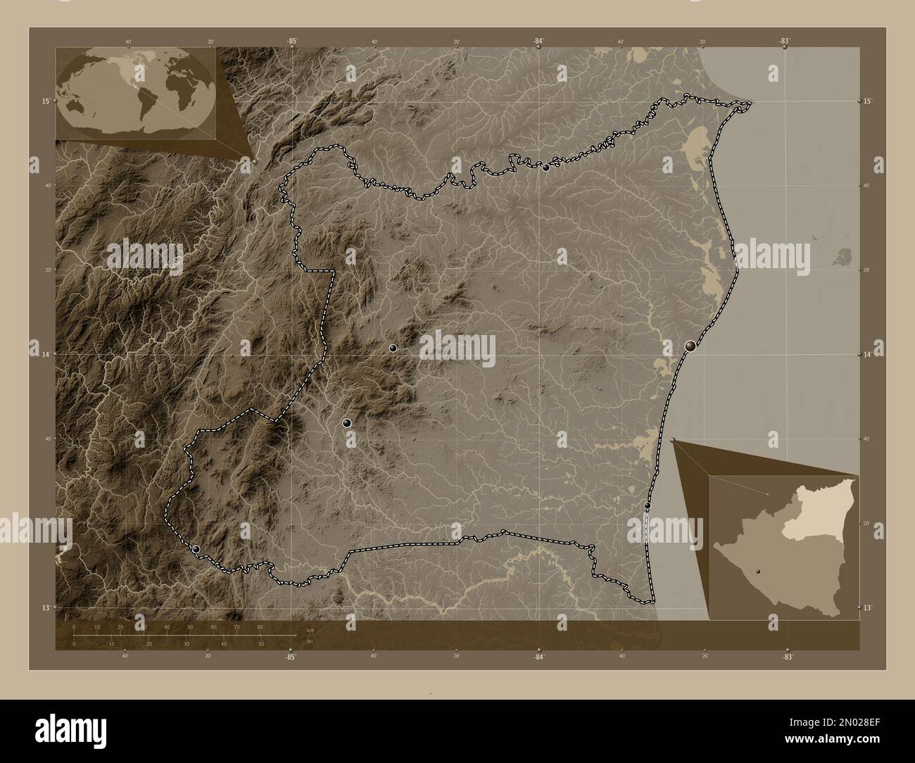 Atlantico Norte, autonomous region of Nicaragua. Elevation map colored ...