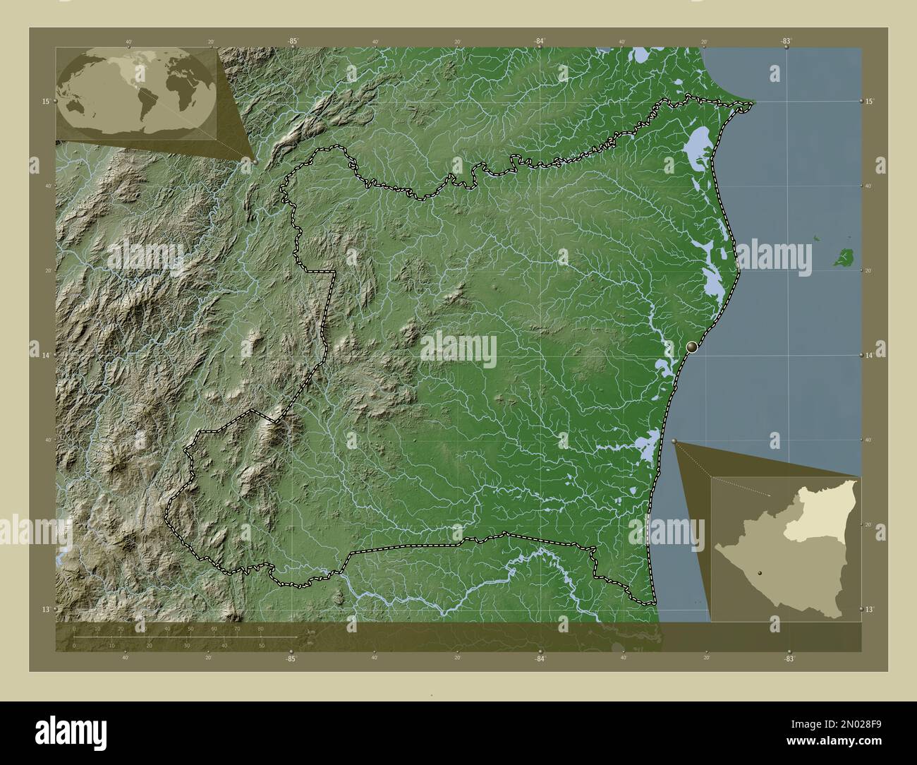 Atlantico Norte, autonomous region of Nicaragua. Elevation map colored ...