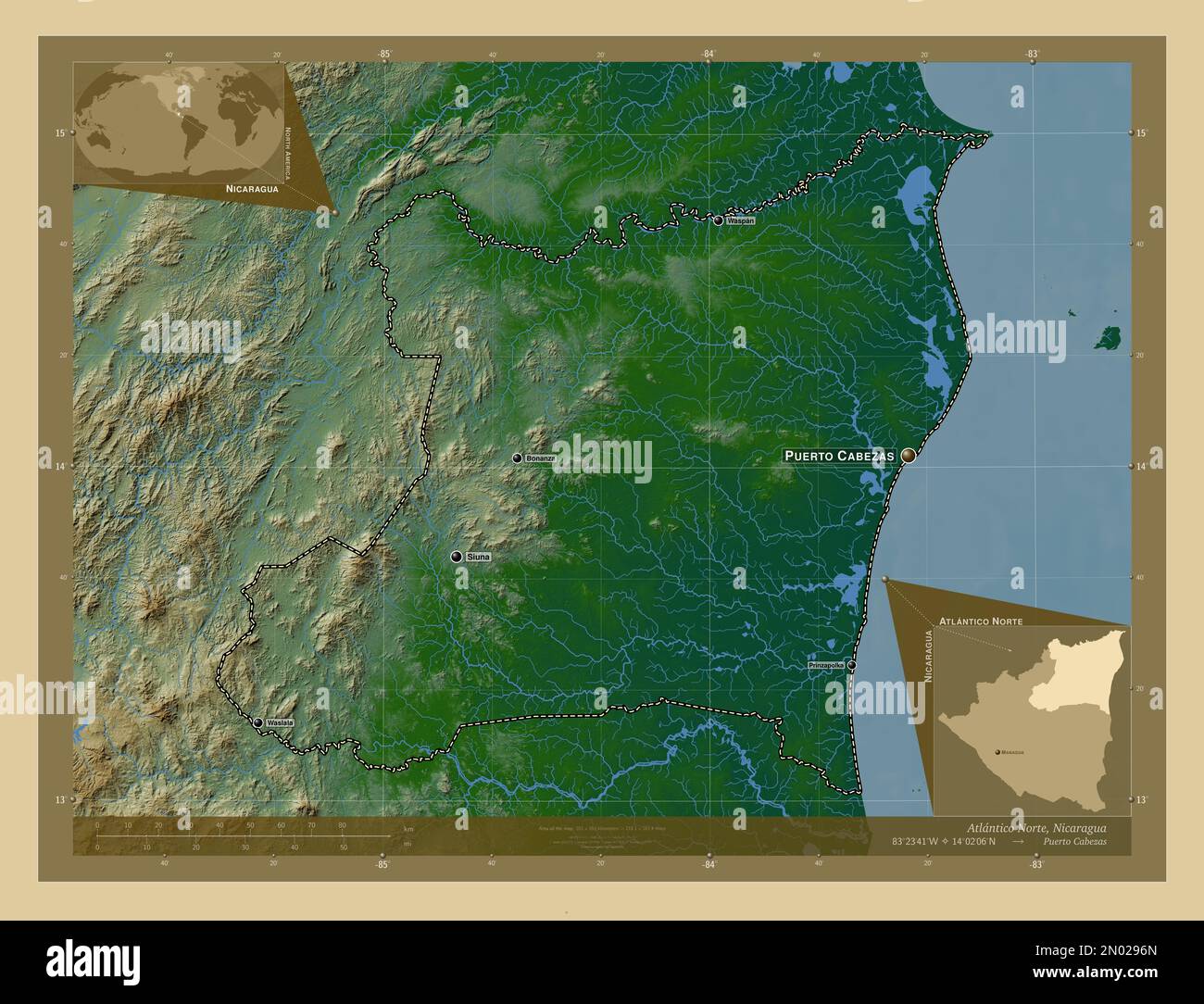 Atlantico Norte, autonomous region of Nicaragua. Colored elevation map ...