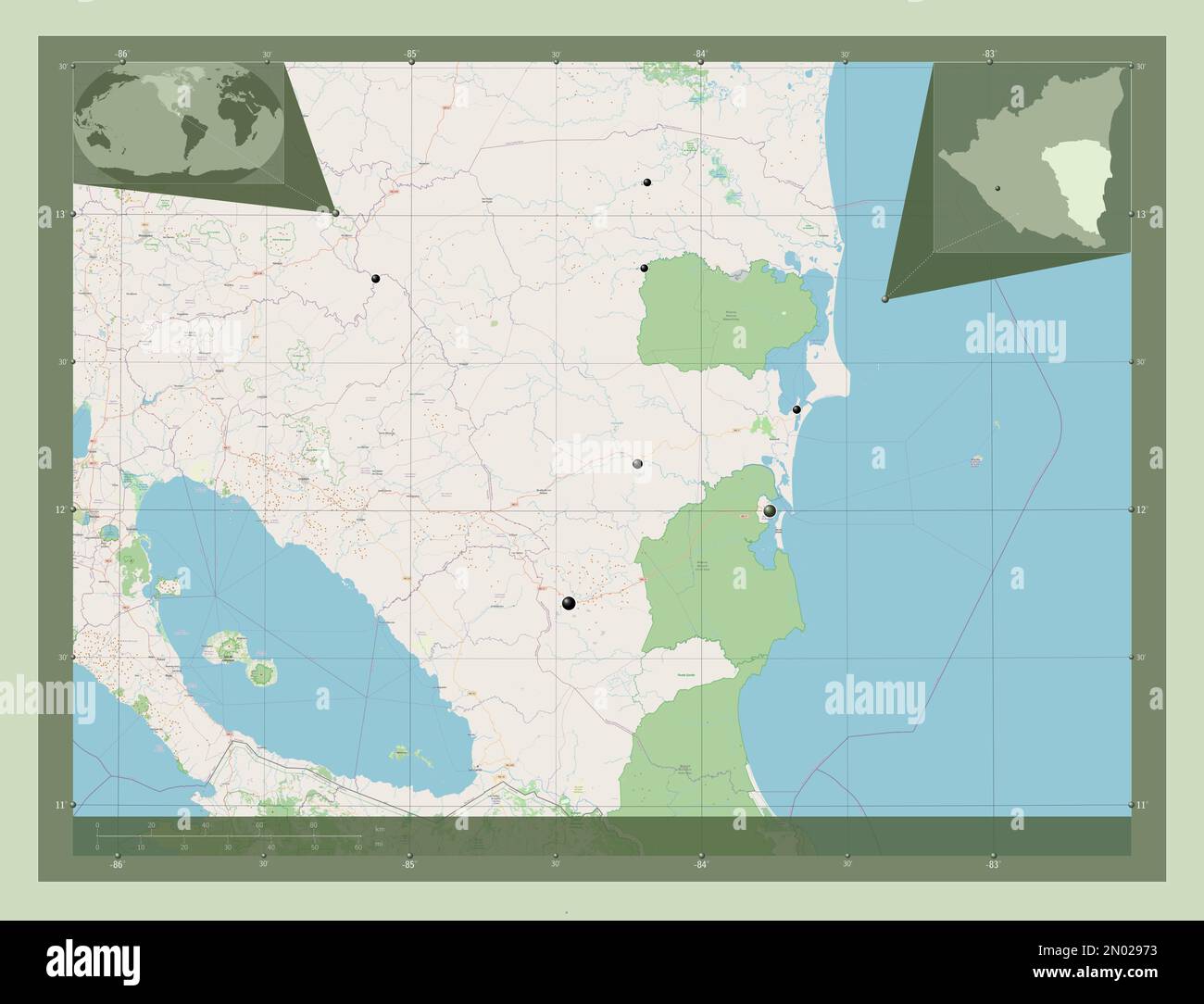Atlantico Sur, autonomous region of Nicaragua. Open Street Map ...