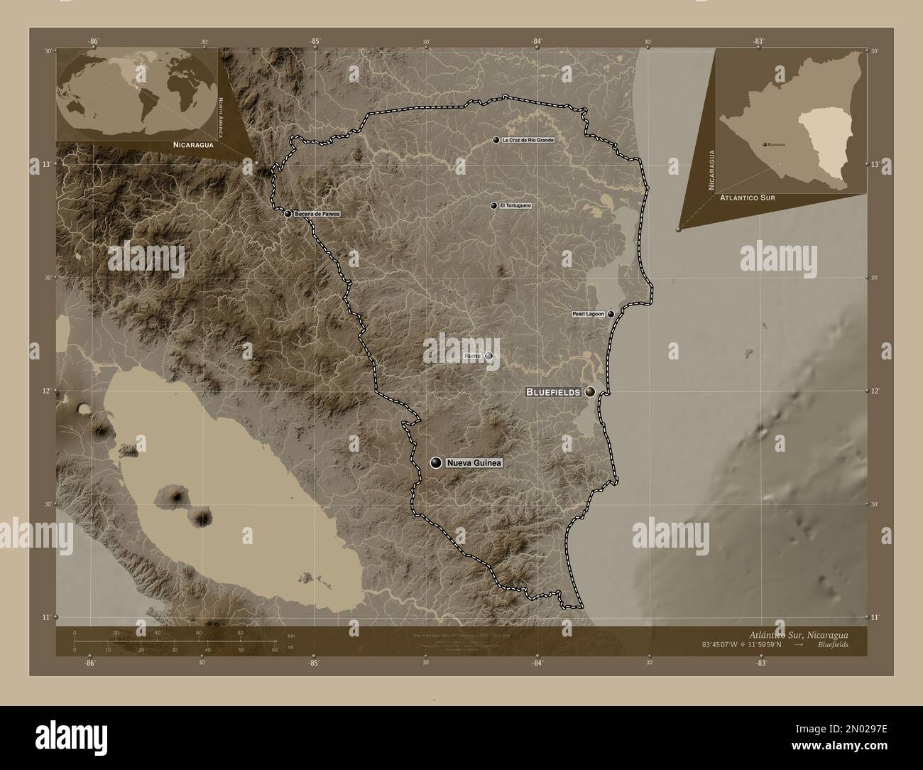 Atlantico Sur, autonomous region of Nicaragua. Elevation map colored in ...