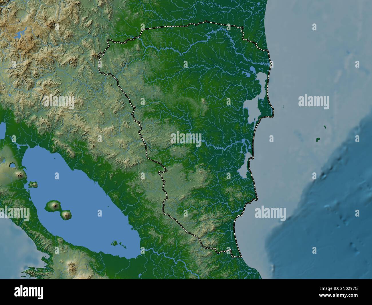 Atlantico Sur, autonomous region of Nicaragua. Colored elevation map ...