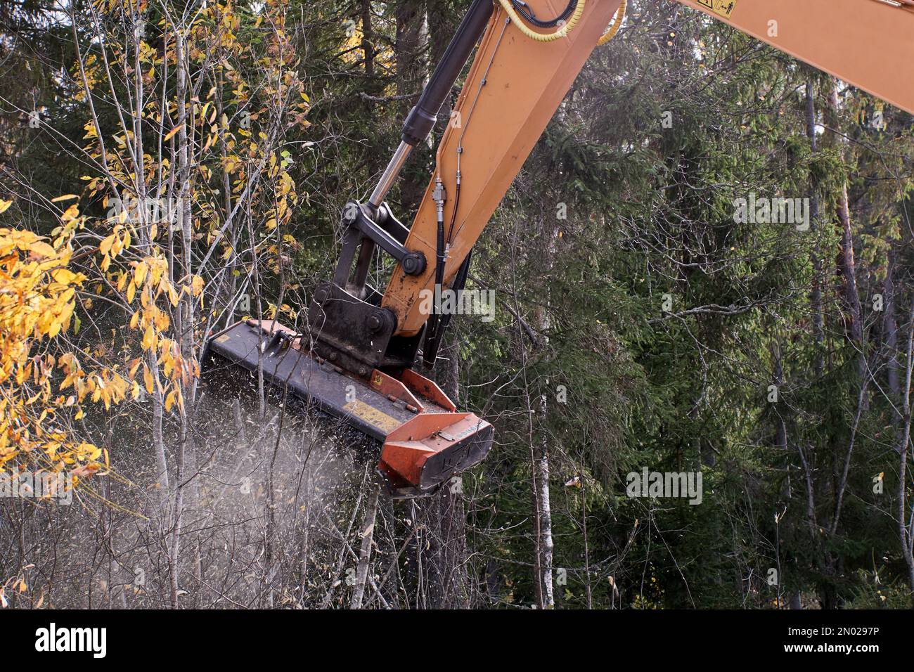 Clearing side of forest road with mulching head mounted on an excavator ...