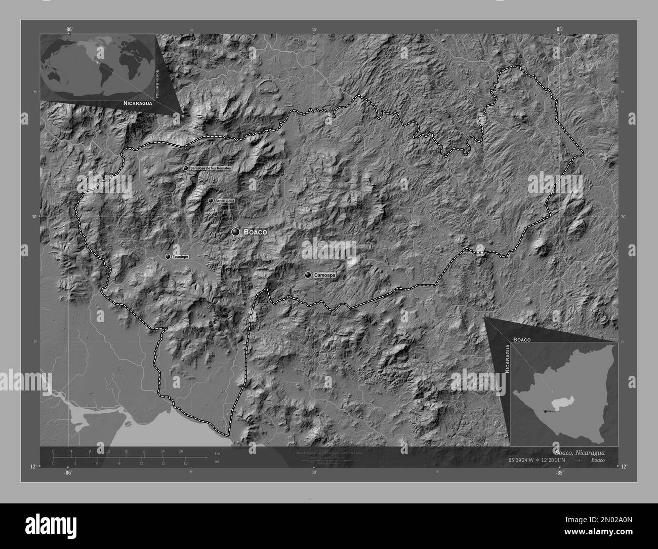 Boaco, department of Nicaragua. Bilevel elevation map with lakes and ...