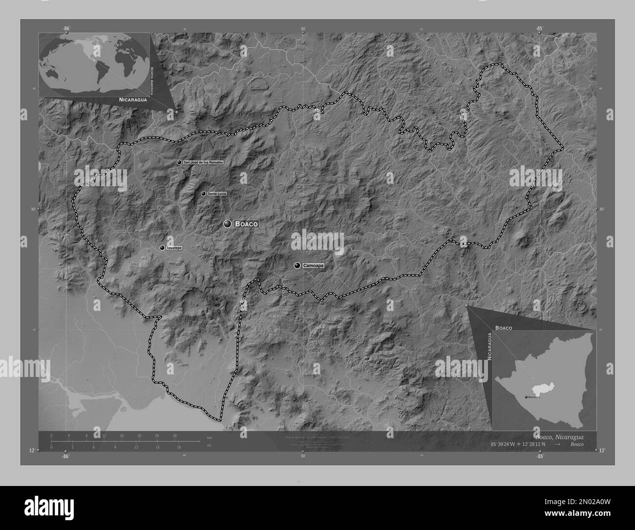 Boaco, department of Nicaragua. Grayscale elevation map with lakes and ...