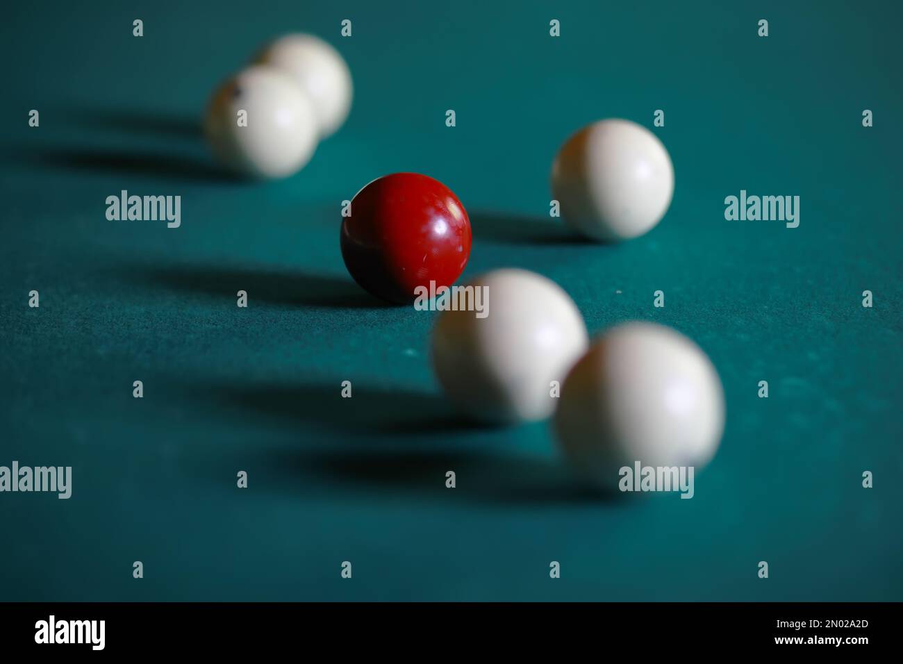 Russian billiard balls, cue, triangle, chalk on a table Green cloth Top ...