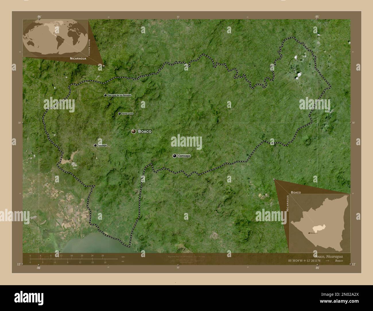 Boaco, department of Nicaragua. Low resolution satellite map. Locations ...