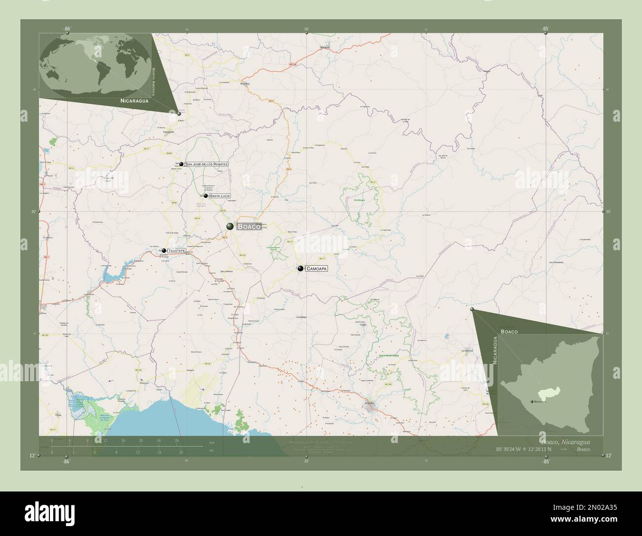 Boaco, department of Nicaragua. Open Street Map. Locations and names of ...