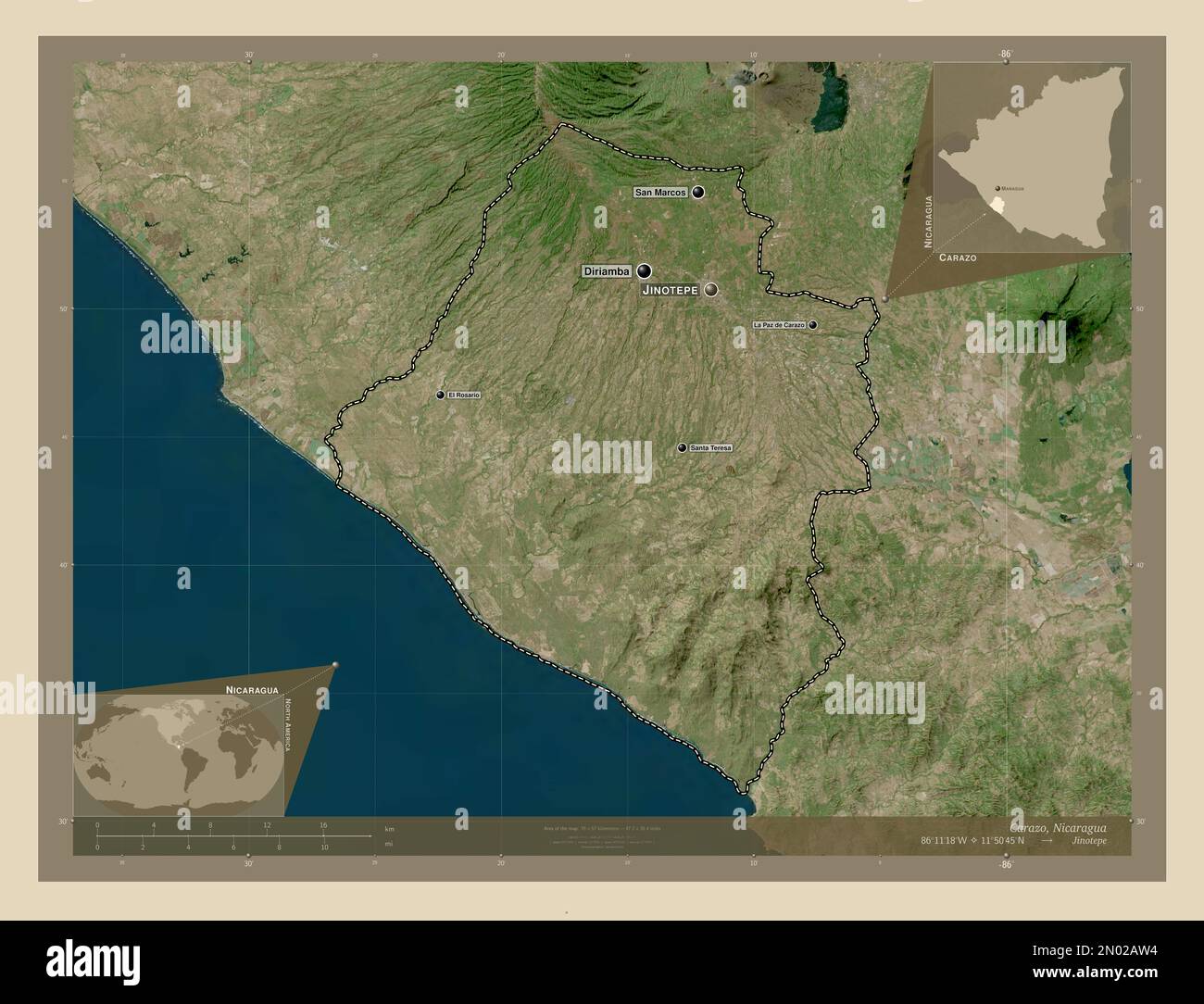 Carazo, department of Nicaragua. High resolution satellite map ...