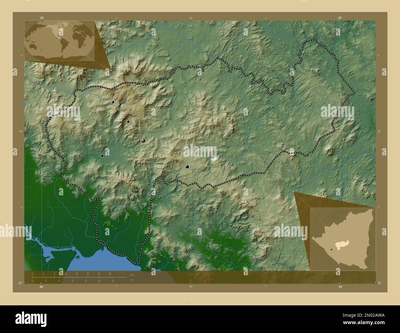 Boaco, department of Nicaragua. Colored elevation map with lakes and ...
