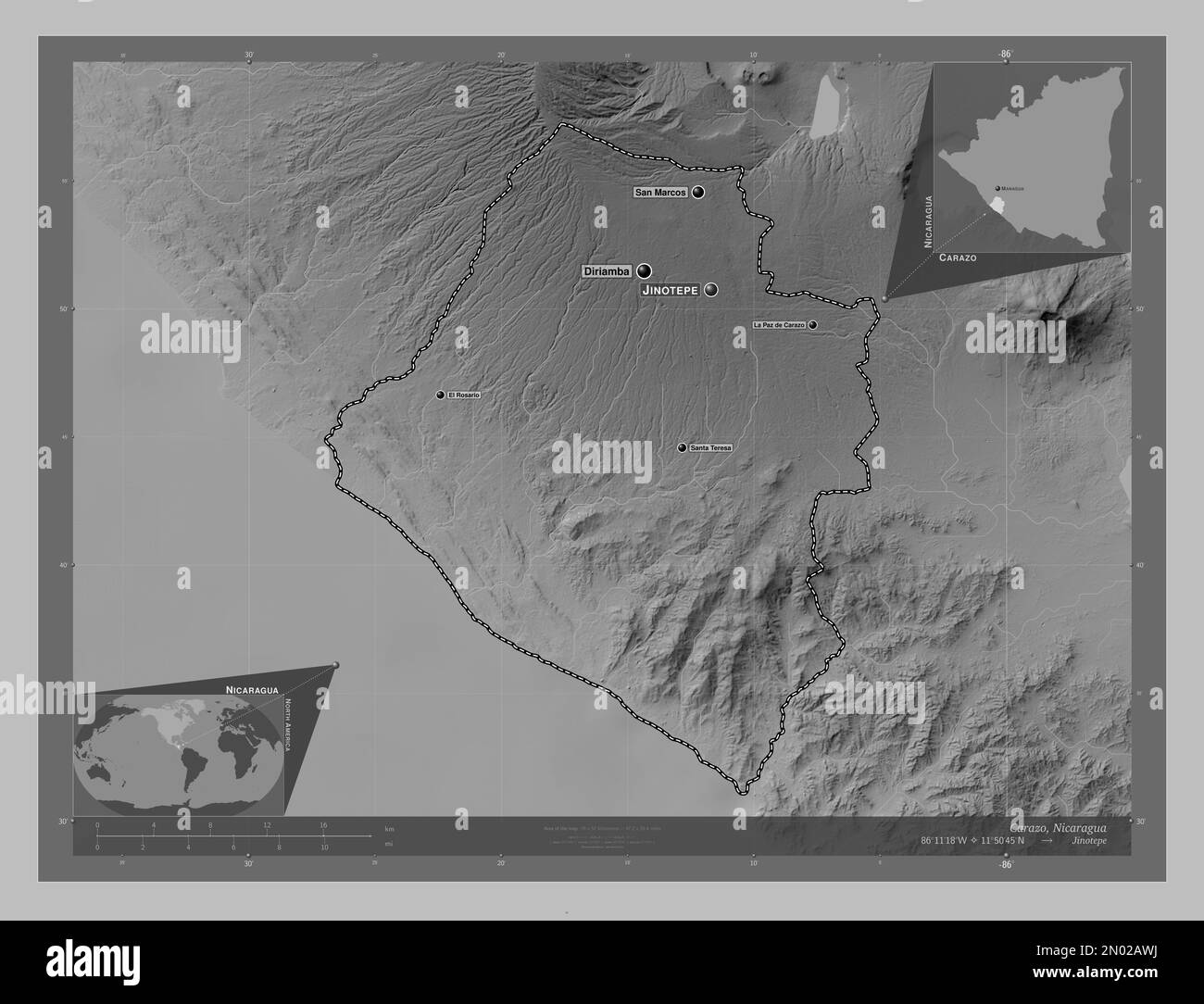 Carazo, department of Nicaragua. Grayscale elevation map with lakes and ...
