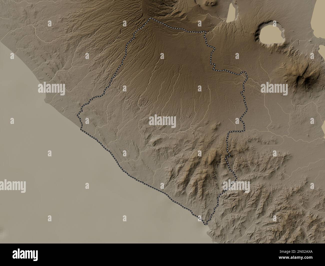 Carazo, department of Nicaragua. Elevation map colored in sepia tones ...