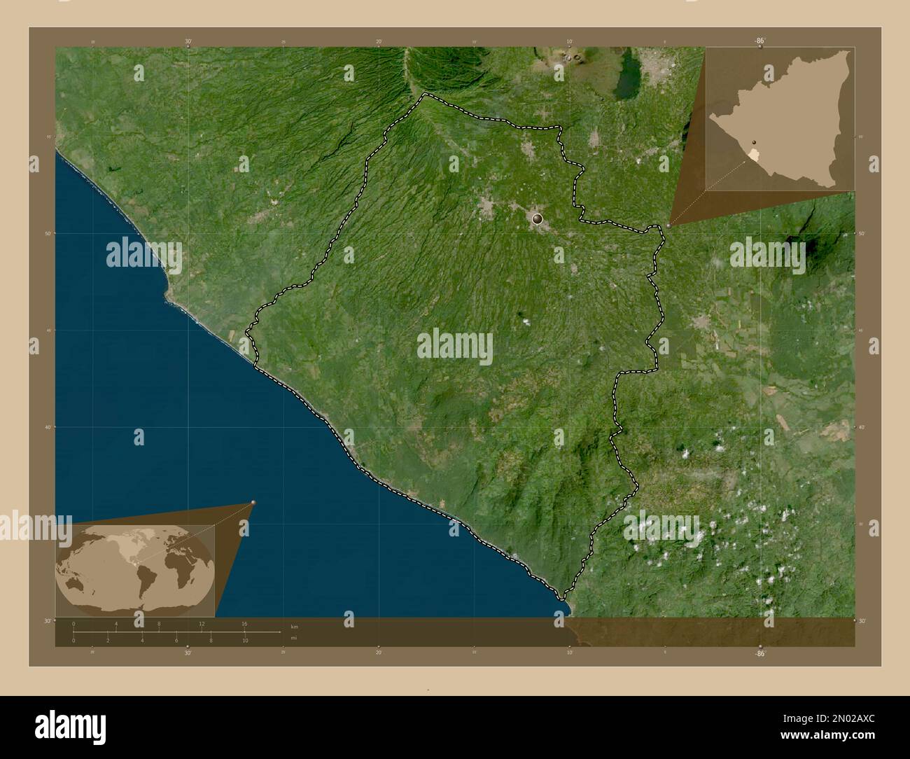 Carazo, department of Nicaragua. Low resolution satellite map. Corner ...