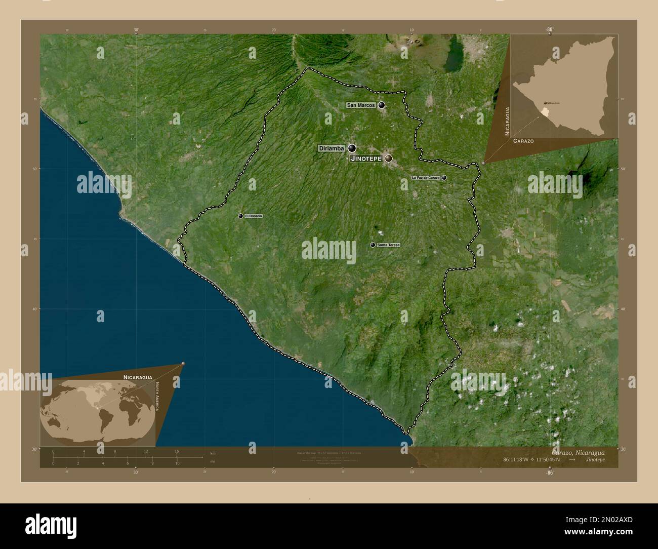 Carazo, department of Nicaragua. Low resolution satellite map ...