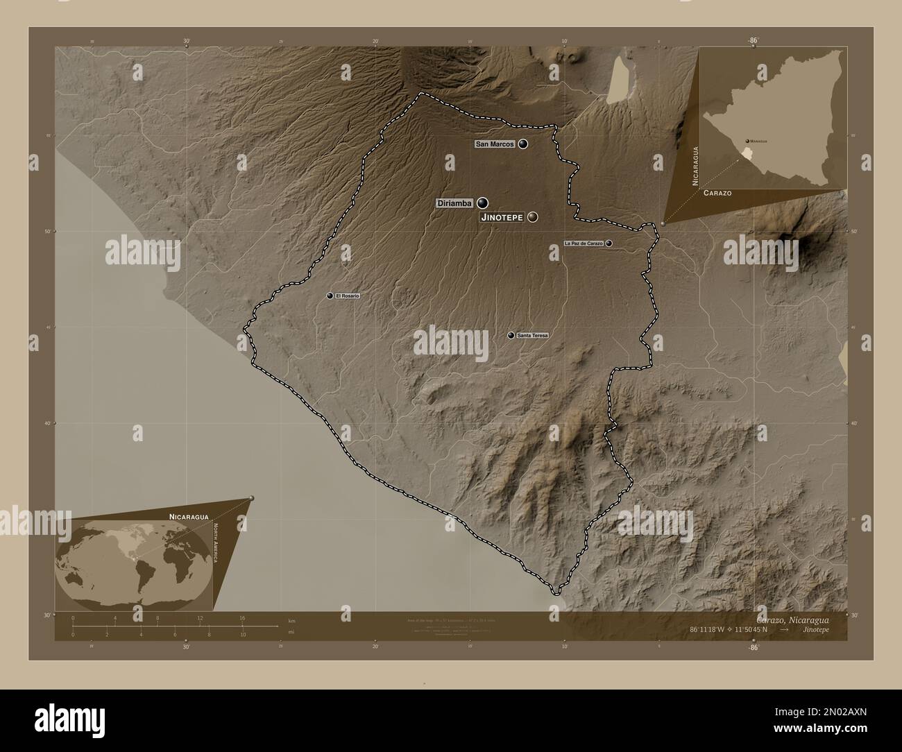 Carazo, department of Nicaragua. Elevation map colored in sepia tones ...