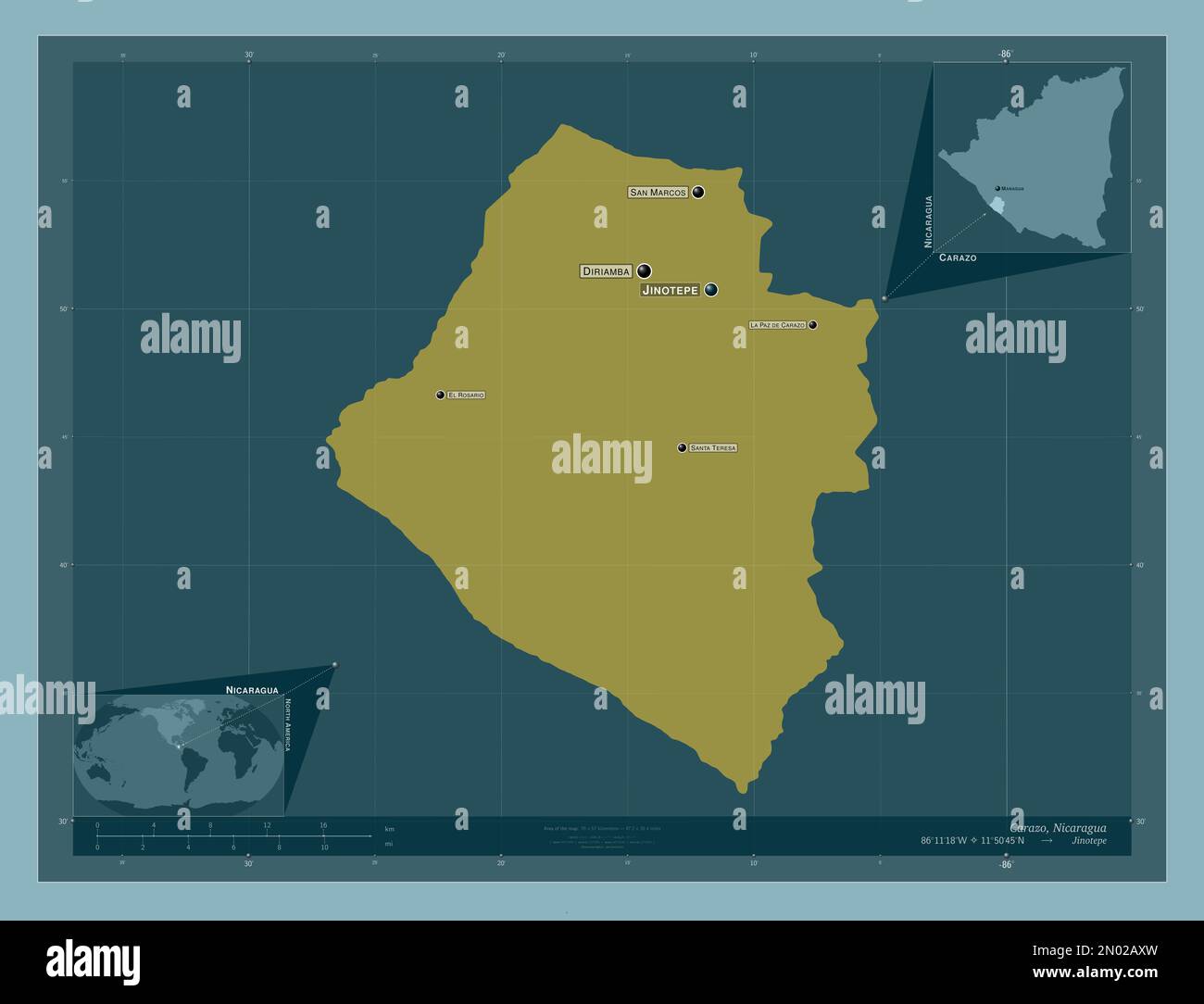 Carazo, department of Nicaragua. Solid color shape. Locations and names ...