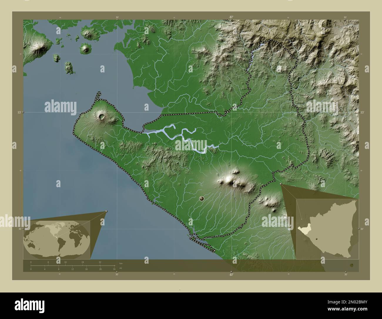 Chinandega, department of Nicaragua. Elevation map colored in wiki ...