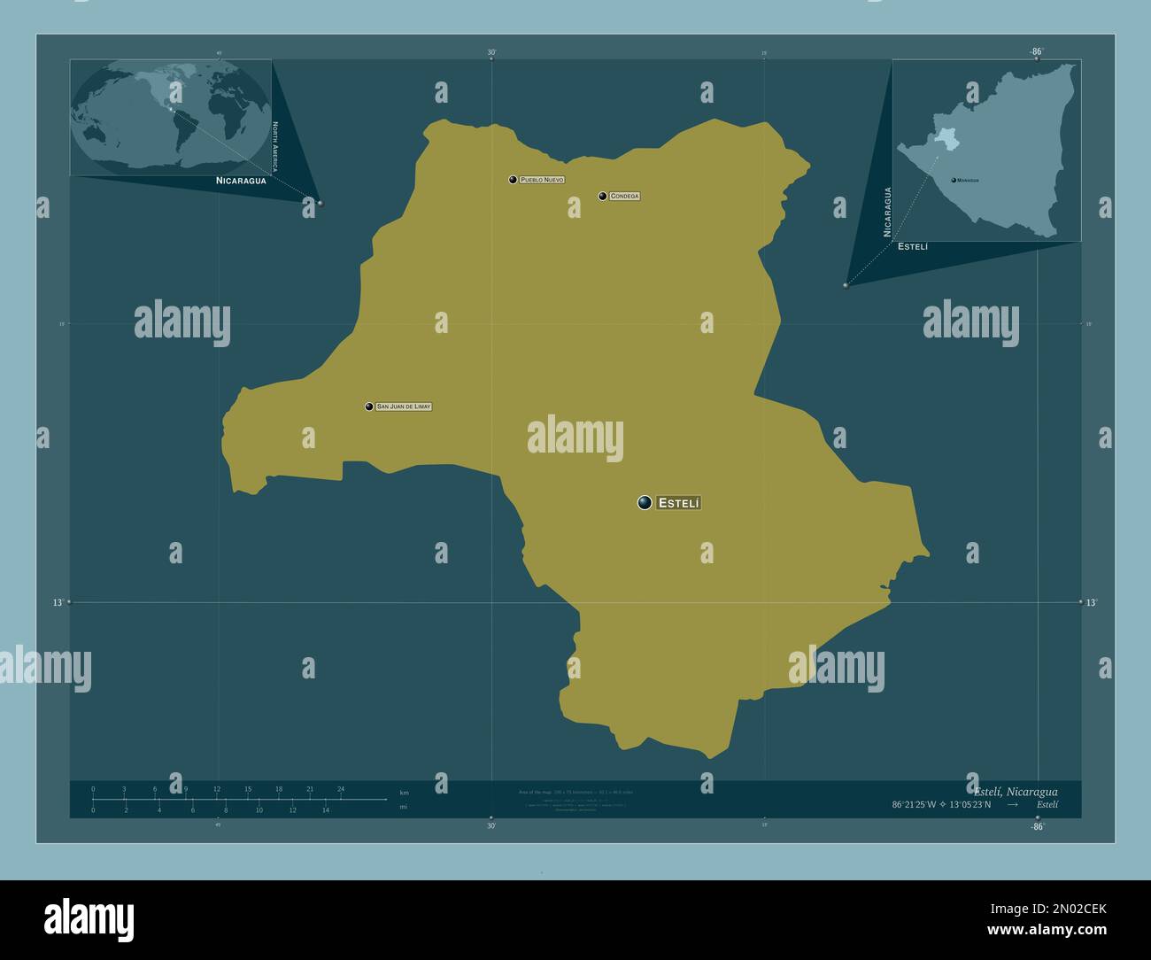 Esteli, department of Nicaragua. Solid color shape. Locations and names ...