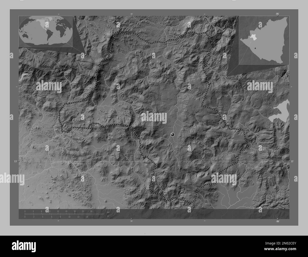 Esteli, department of Nicaragua. Grayscale elevation map with lakes and ...