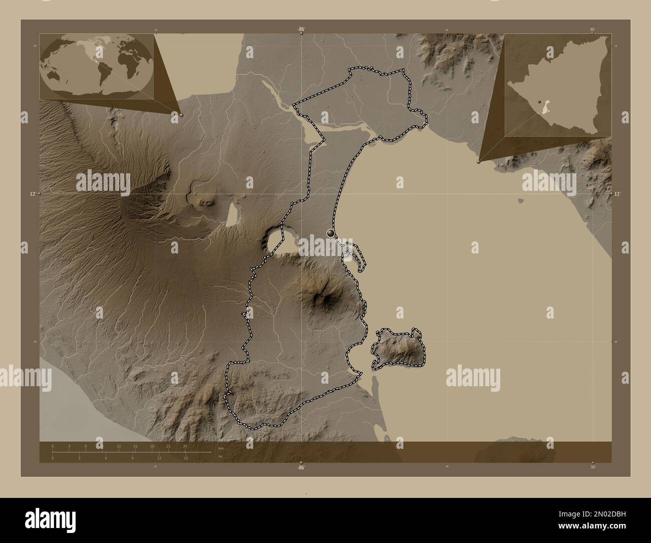 Granada, department of Nicaragua. Elevation map colored in sepia tones ...