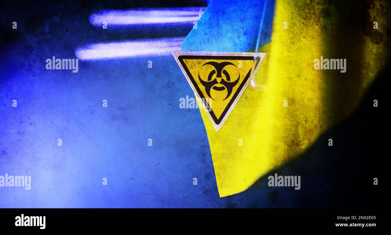Ukrainian flag biohazard and test tubes. Assistance to Ukraine in ...
