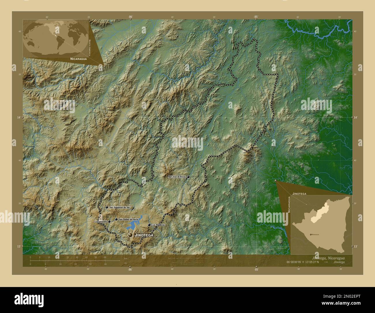 Jinotega, department of Nicaragua. Colored elevation map with lakes and ...
