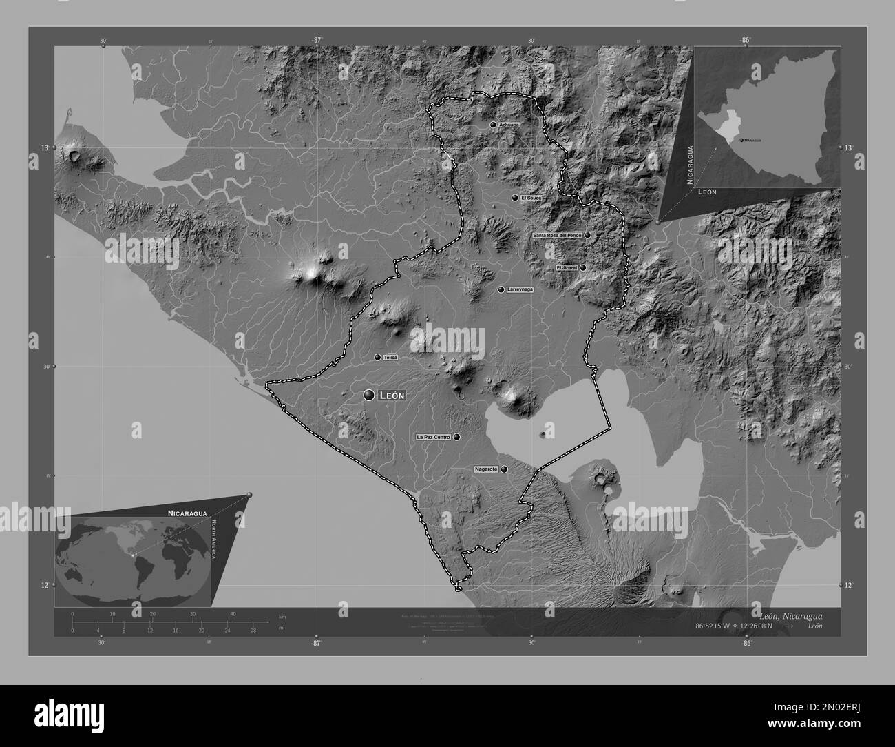 Leon, department of Nicaragua. Bilevel elevation map with lakes and ...