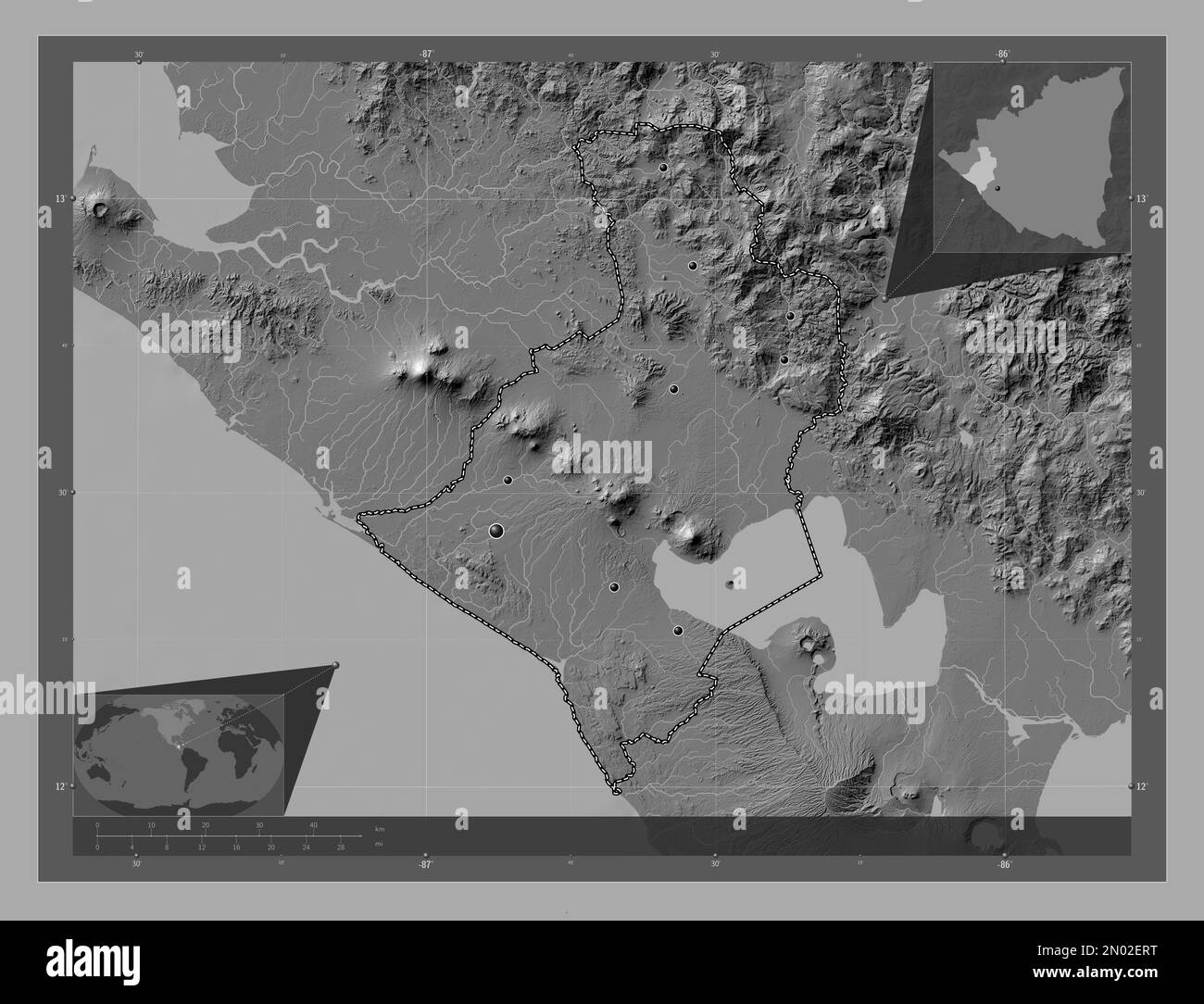 Leon, department of Nicaragua. Bilevel elevation map with lakes and ...