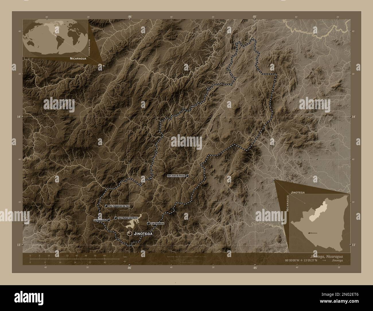 Jinotega, department of Nicaragua. Elevation map colored in sepia tones ...