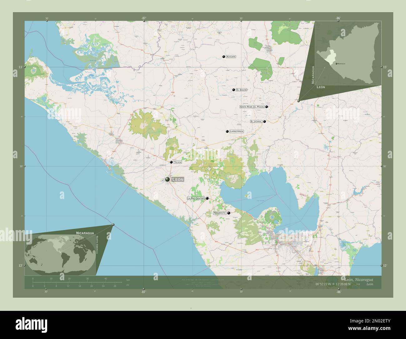 Leon, department of Nicaragua. Open Street Map. Locations and names of ...