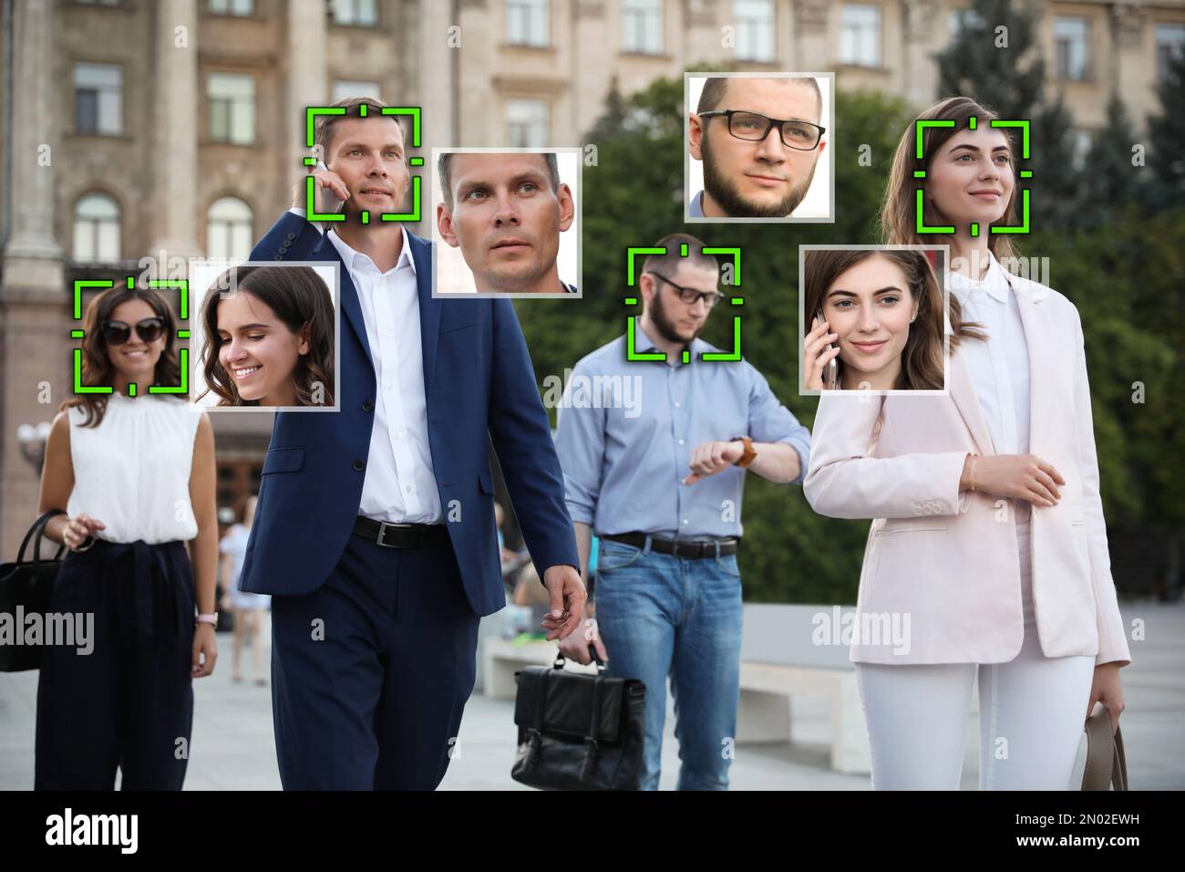 Facial recognition system identifying people on city street Stock Photo ...