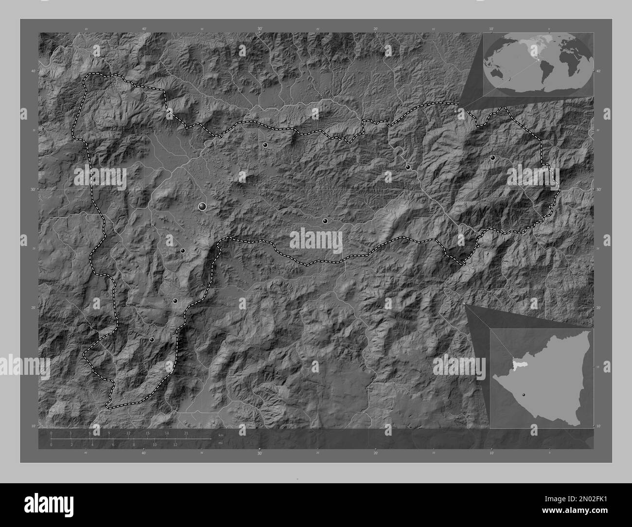 Madriz, department of Nicaragua. Grayscale elevation map with lakes and ...