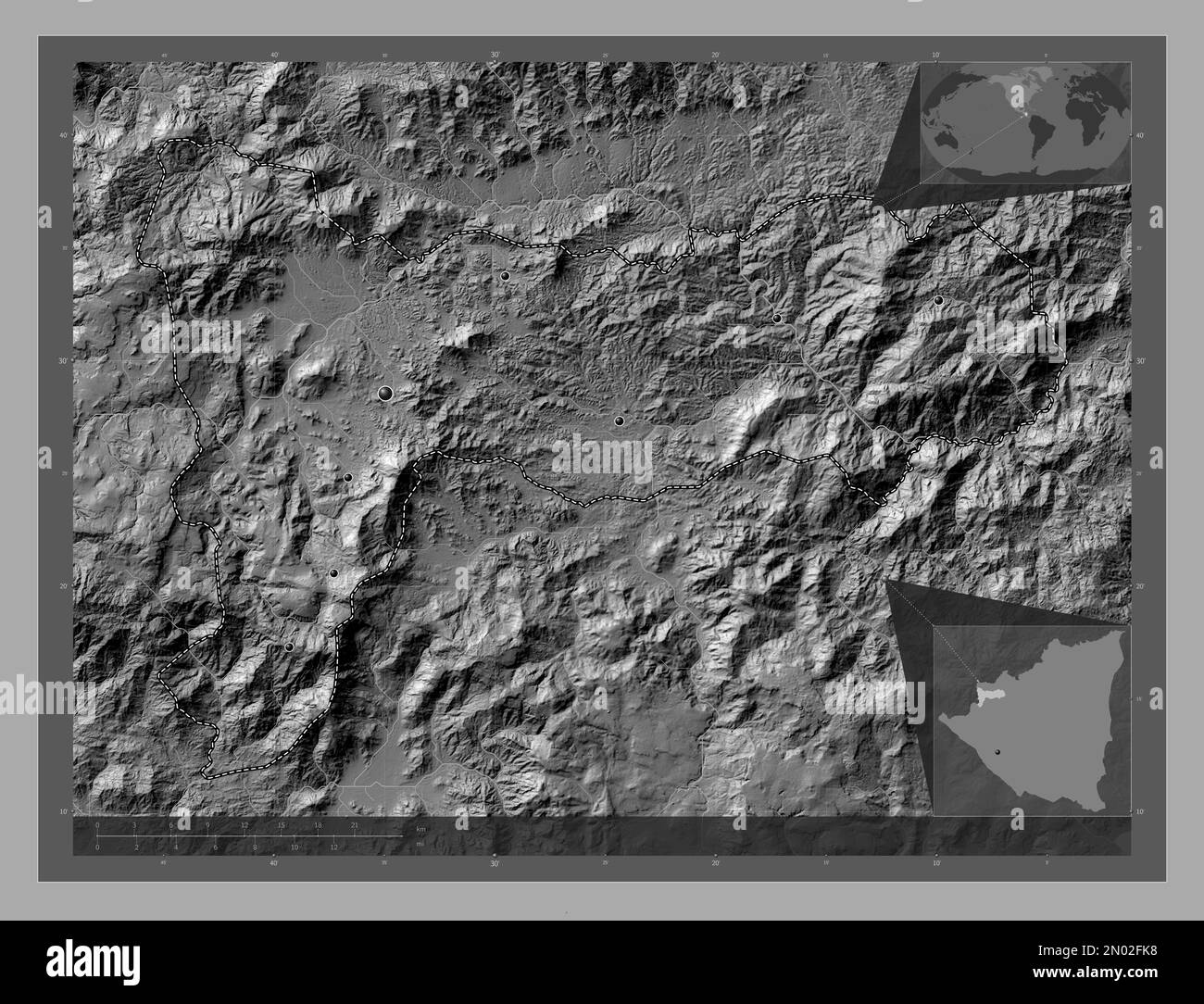 Madriz, department of Nicaragua. Bilevel elevation map with lakes and ...