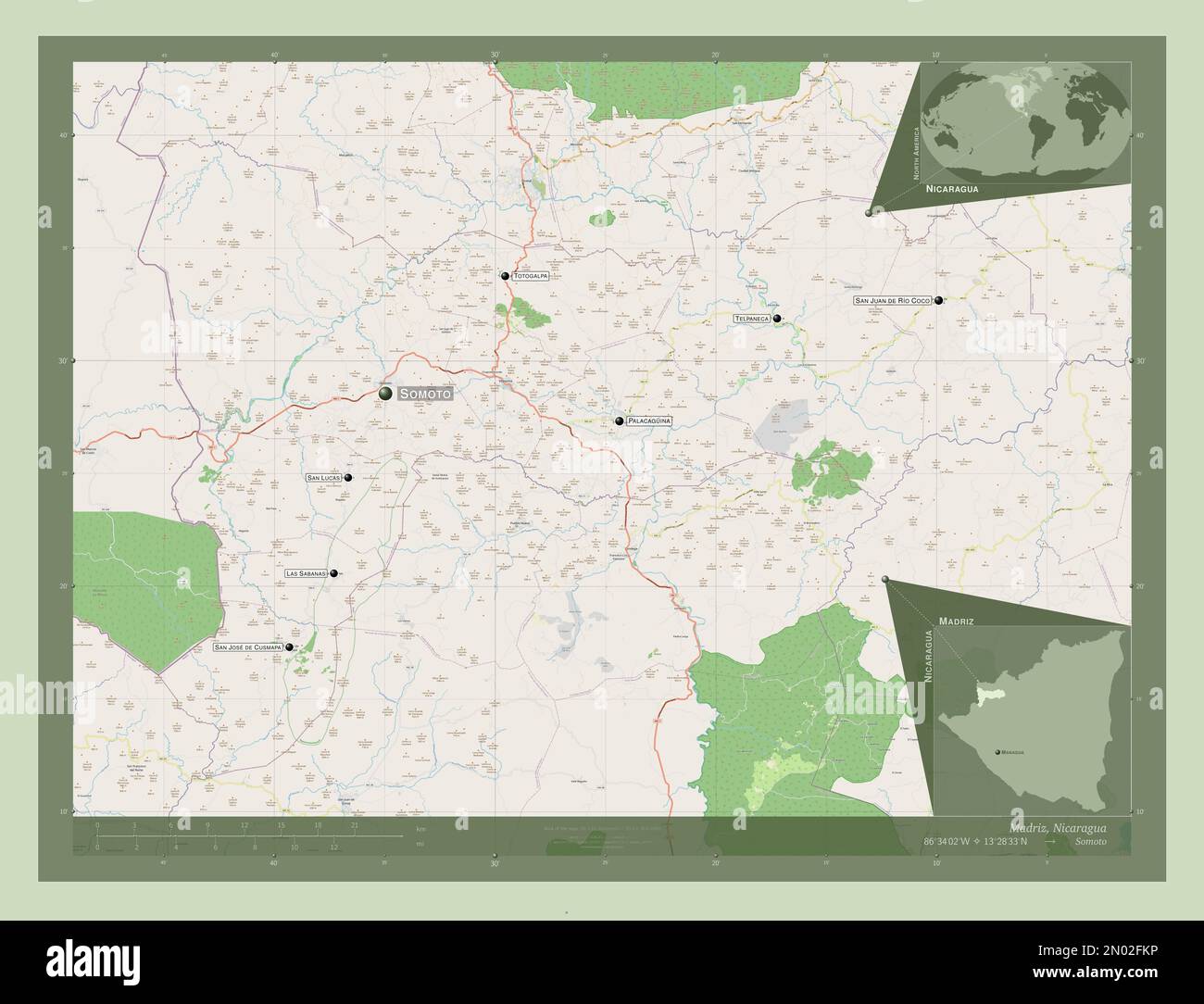 Madriz, department of Nicaragua. Open Street Map. Locations and names ...