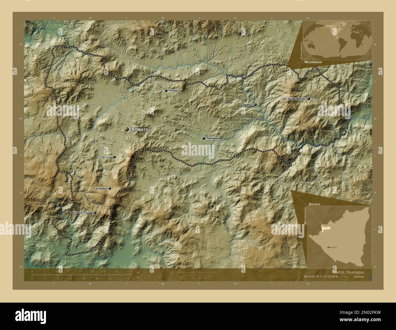 Madriz, department of Nicaragua. Colored elevation map with lakes and ...