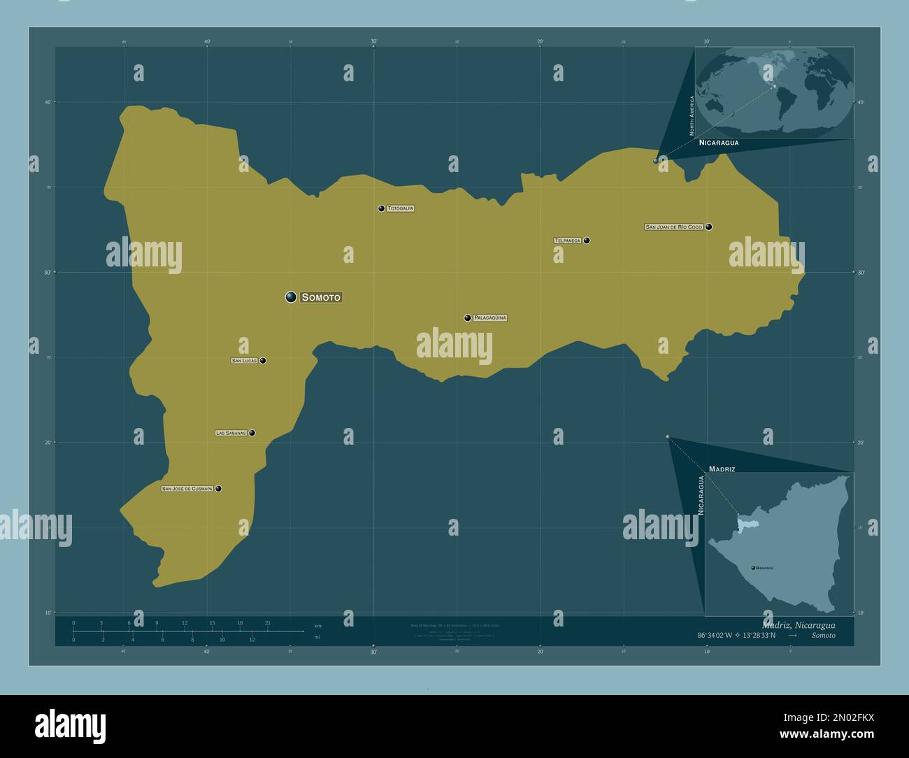 Madriz, department of Nicaragua. Solid color shape. Locations and names ...