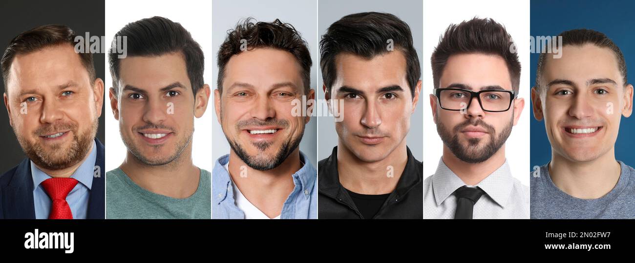 Collage with portraits of handsome men on different color backgrounds ...
