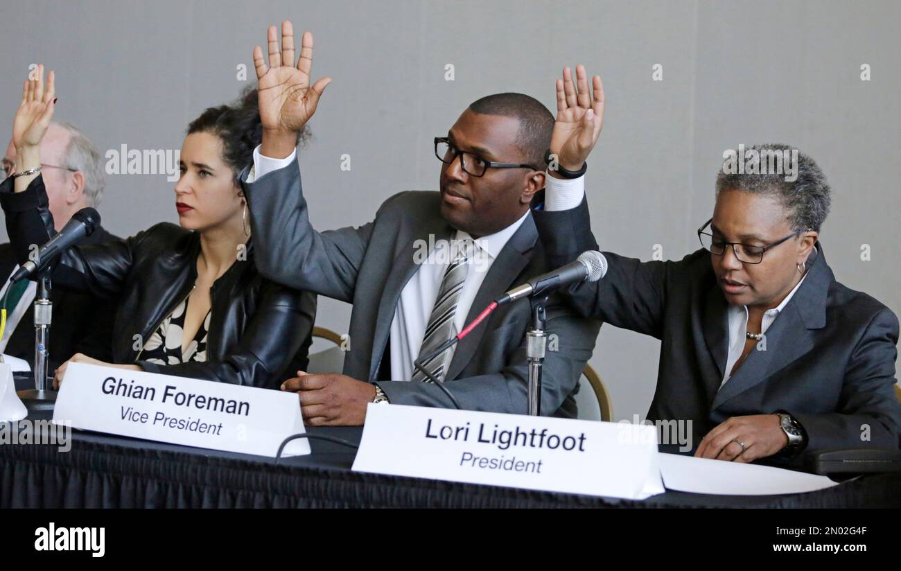 Chicago Police Board members from left, Melissa Ballate, Ghian Foreman ...