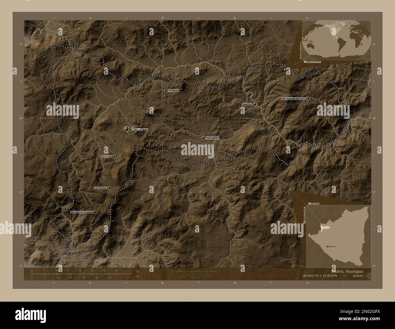 Madriz, department of Nicaragua. Elevation map colored in sepia tones ...