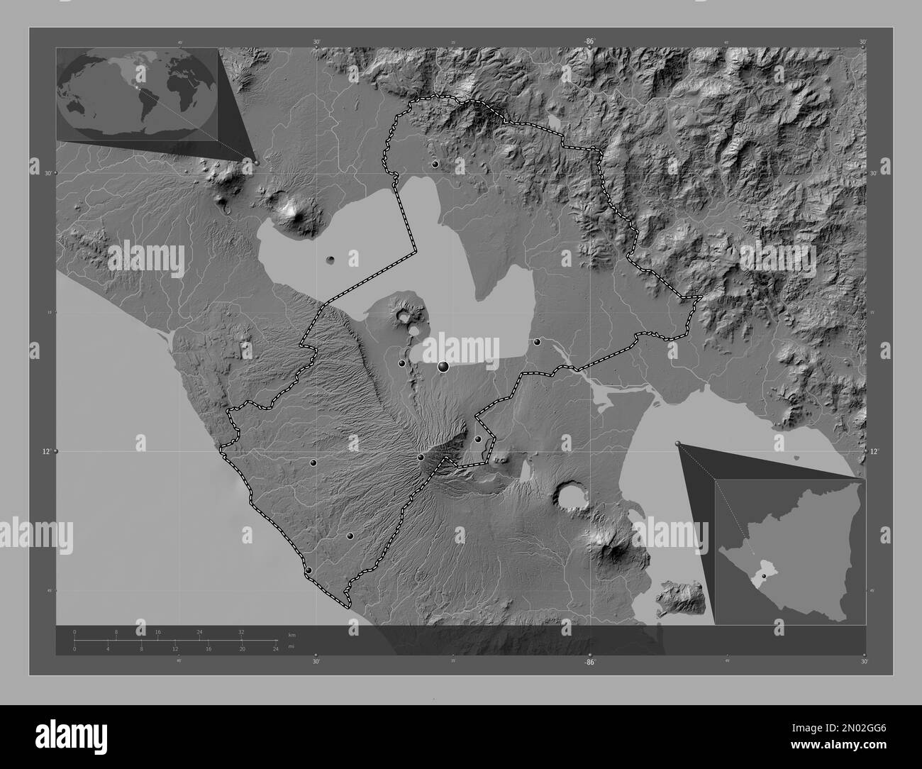 Managua, department of Nicaragua. Bilevel elevation map with lakes and ...