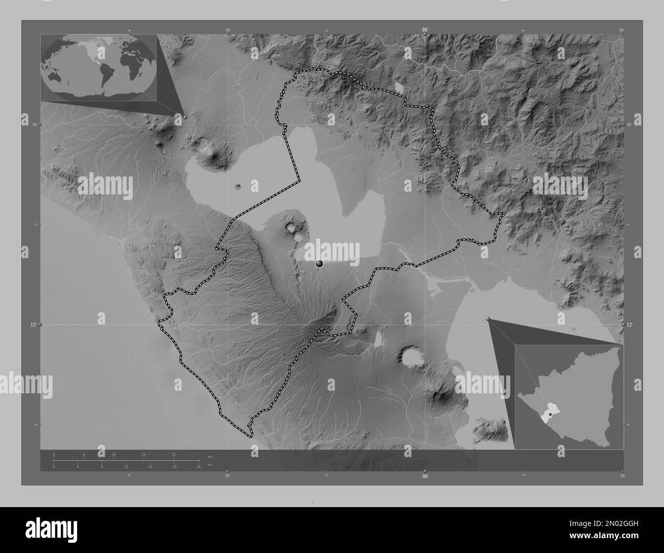 Managua, department of Nicaragua. Grayscale elevation map with lakes ...
