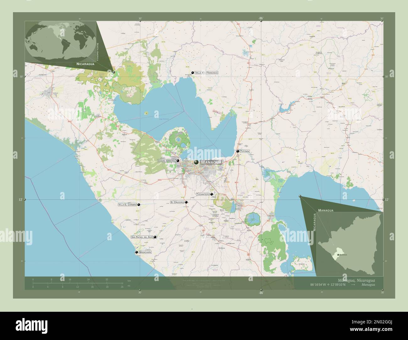 Managua, department of Nicaragua. Open Street Map. Locations and names ...