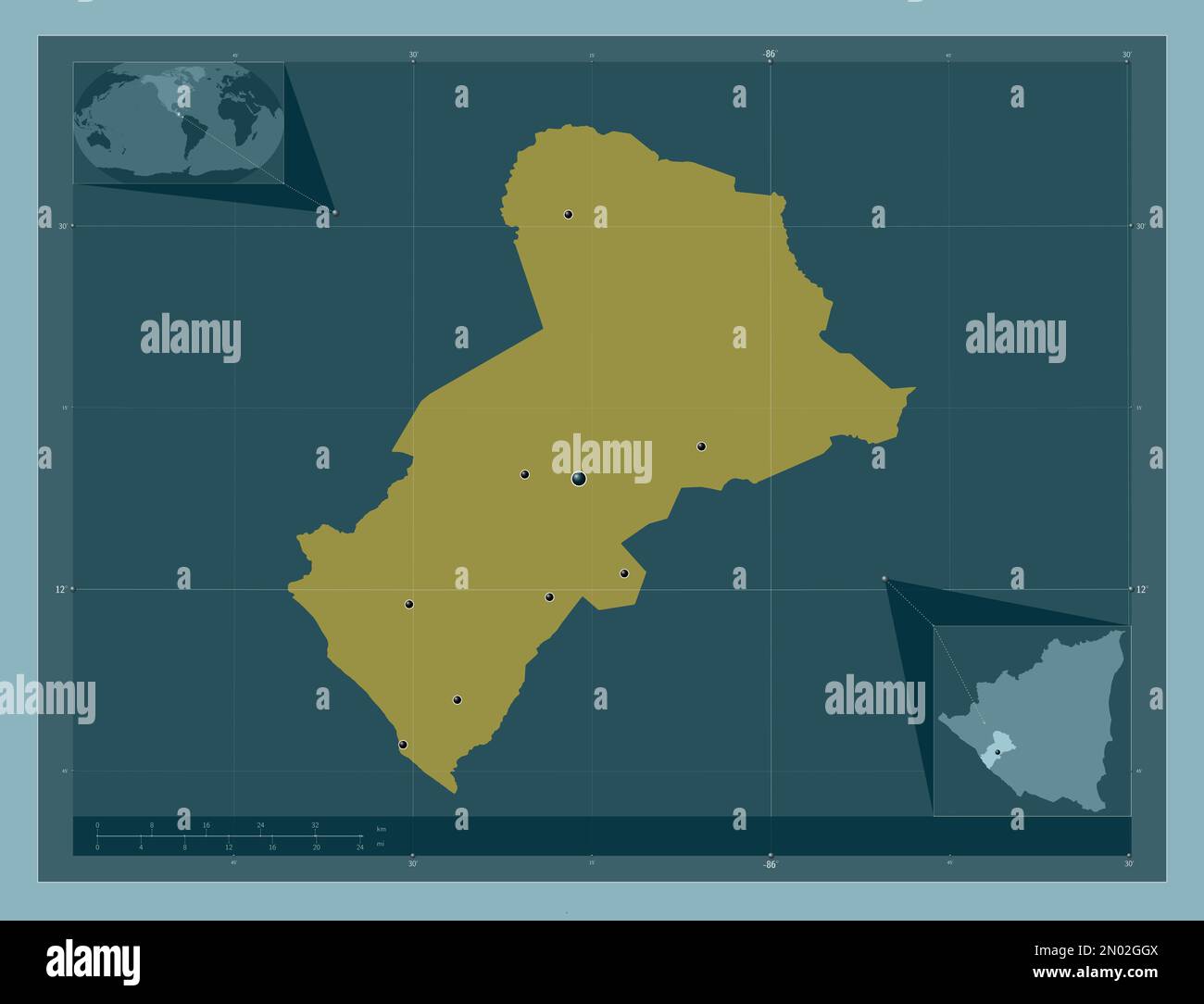 Managua, department of Nicaragua. Solid color shape. Locations of major ...