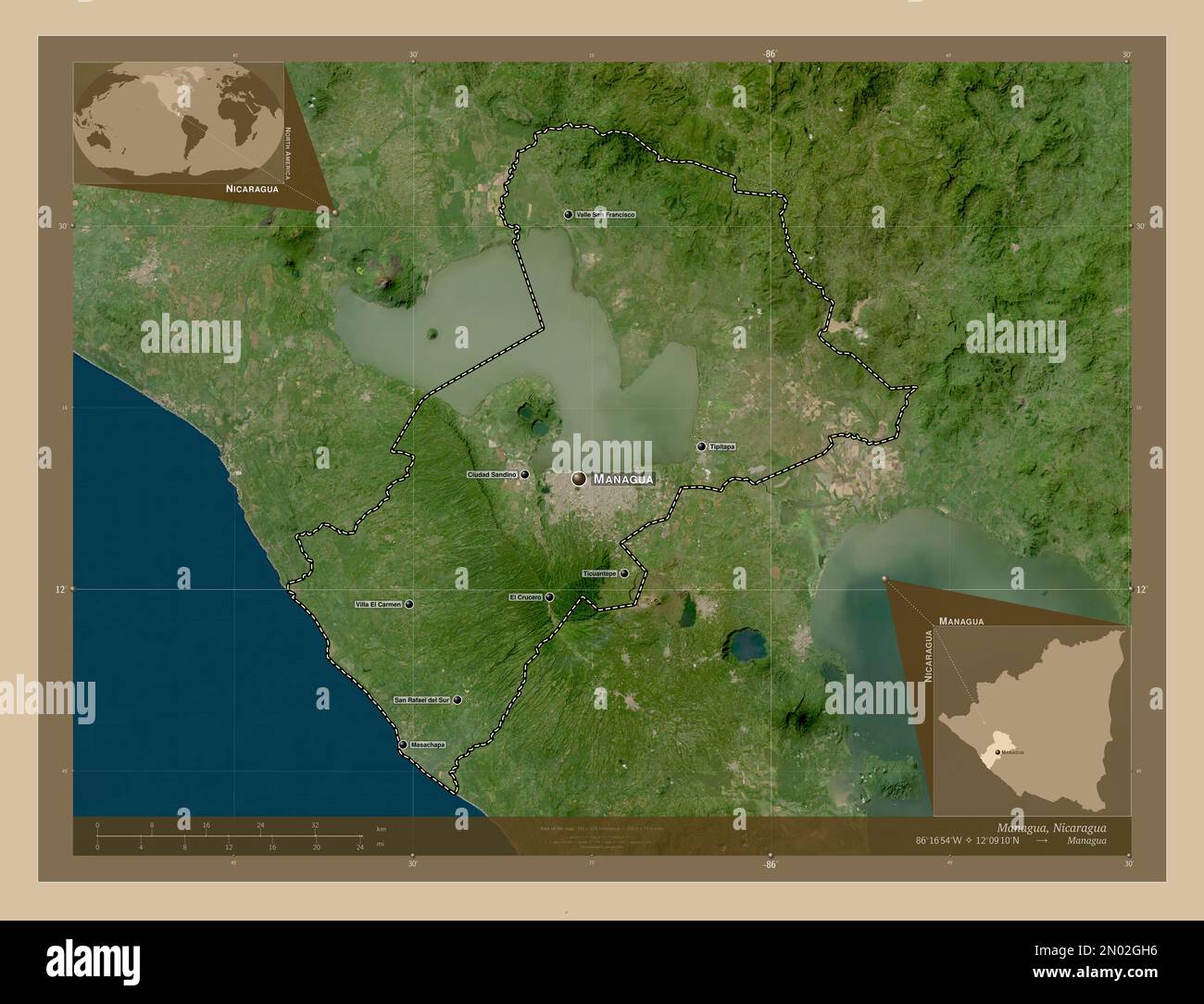 Managua, department of Nicaragua. Low resolution satellite map ...