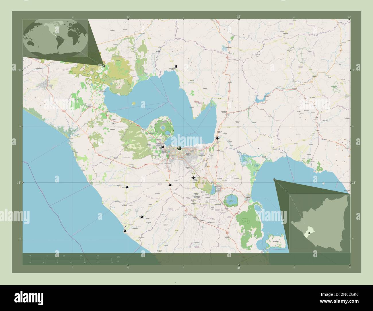 Managua, department of Nicaragua. Open Street Map. Locations of major ...