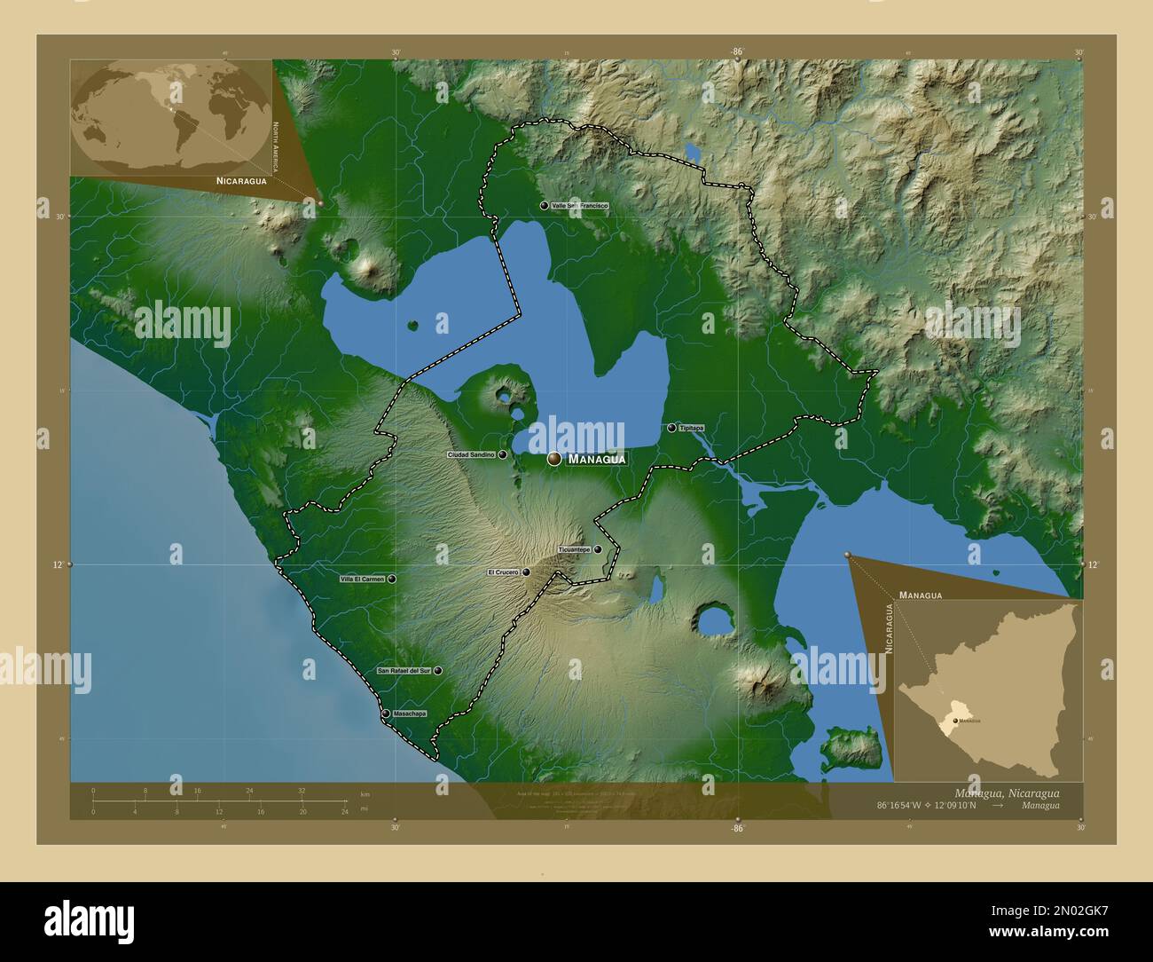 Managua, department of Nicaragua. Colored elevation map with lakes and ...