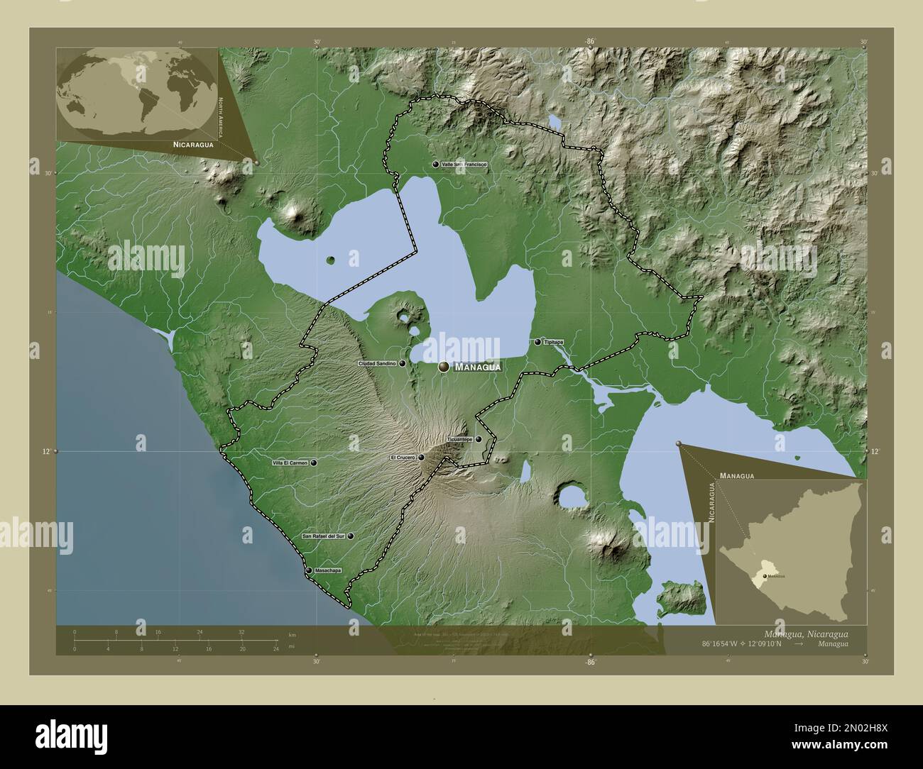 Managua, department of Nicaragua. Elevation map colored in wiki style ...