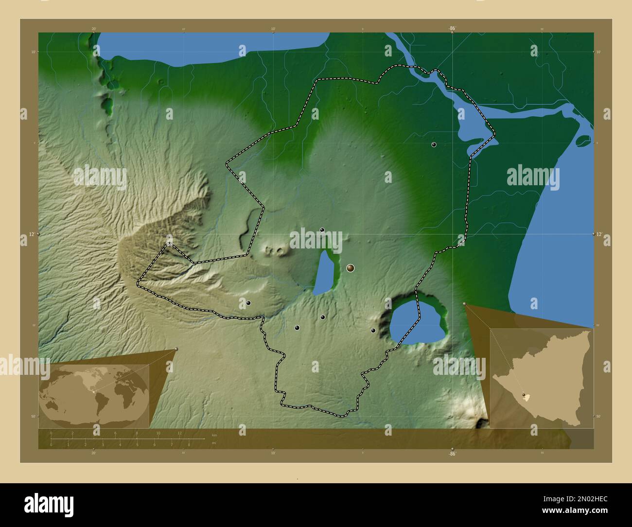 Masaya, department of Nicaragua. Colored elevation map with lakes and ...