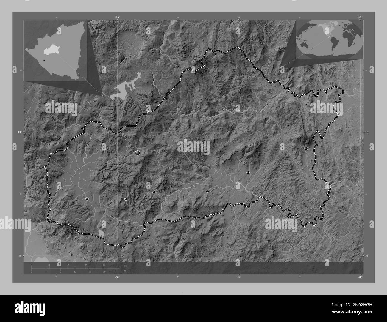 Matagalpa, department of Nicaragua. Grayscale elevation map with lakes ...